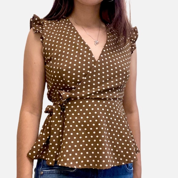 Monteau | Tops | Monteau Los Angeles Brown Polka Dot Peplum Top Uptown ...